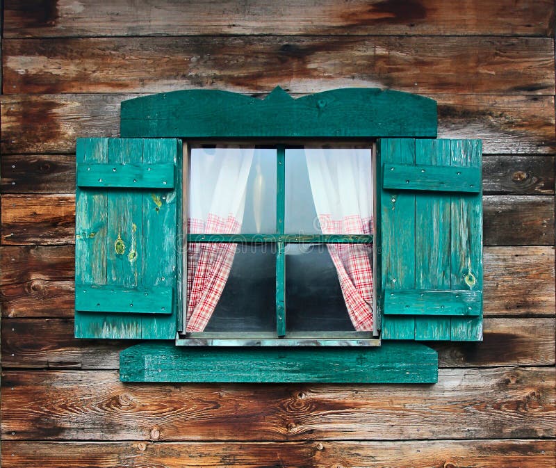 Open Window Wooden Old Style with Green Shutters on a Wooden Wall Stock ...