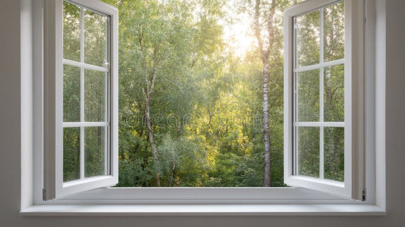 Open Windows Frame a Peaceful Forest Bathed in Warm Sunlight, Creating ...