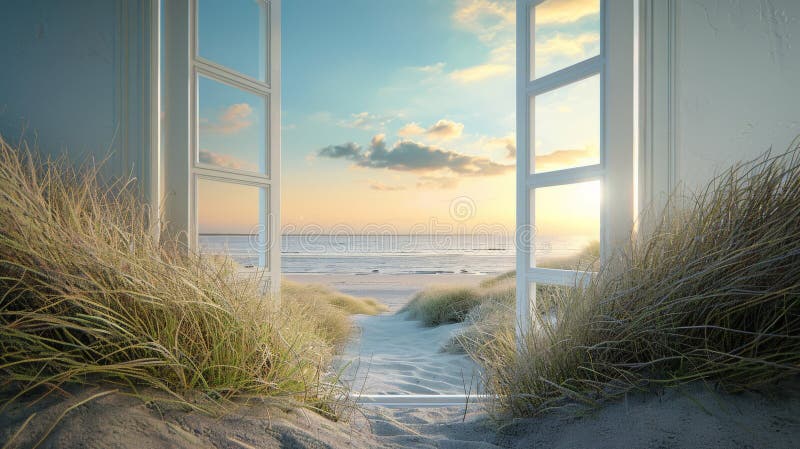Open Windows To Coastal Tranquility Stock Illustration - Illustration ...