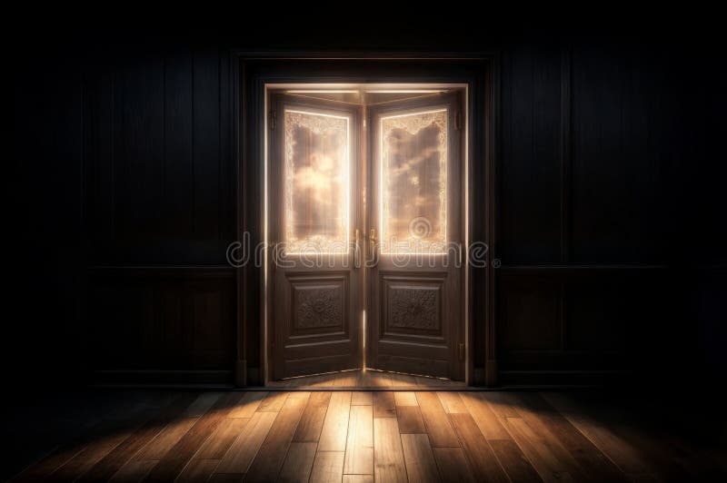 Open Wooden Doors with Light Shining through into a Dark Room Stock ...