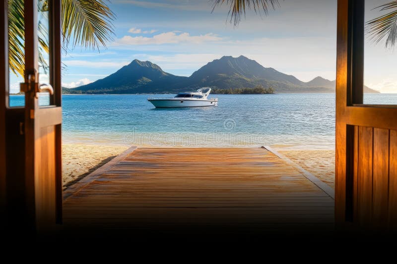 Through Open Wooden Doors, a Serene Sunset Beach Scene Unfolds Stock ...