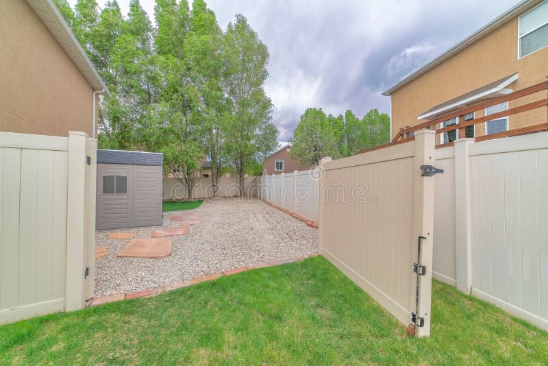 Open Wooden Gate of a Fenced House Stock Image - Image of fence, house ...