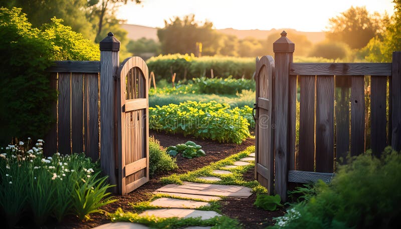 An Open Wooden Gate in the Garden, Behind Which a Well-kept Vegetable ...