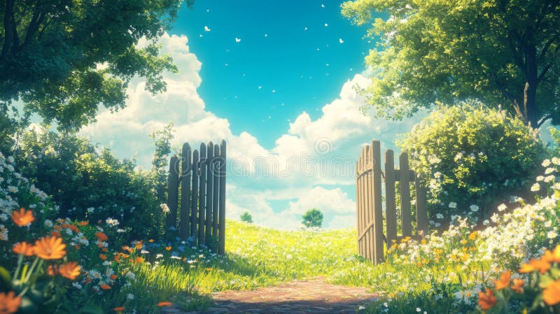 Open Wooden Gate Leads To Spring Flower Field Stock Illustration ...