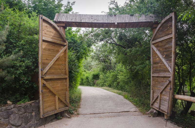 Open wooden gate in park stock photo. Image of park - 149776724