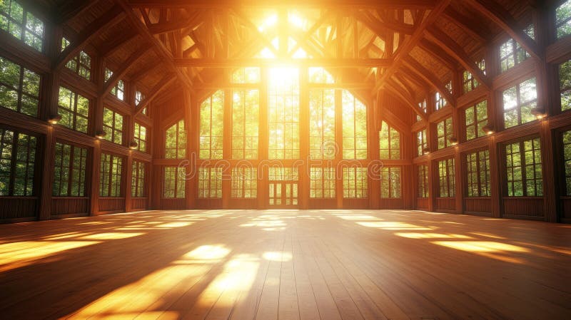 An Open Wooden Hall with Big Windows and Ceiling Windows Stock Image ...