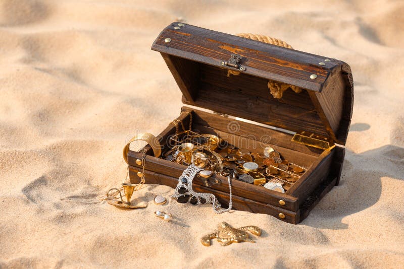 Open Wooden Treasure Chest on Sand Outdoors Stock Photo - Image of ...