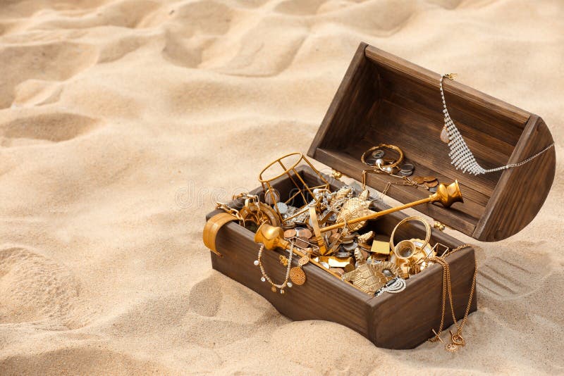 Open Wooden Treasure Chest on Sand, Space for Text Stock Photo - Image ...