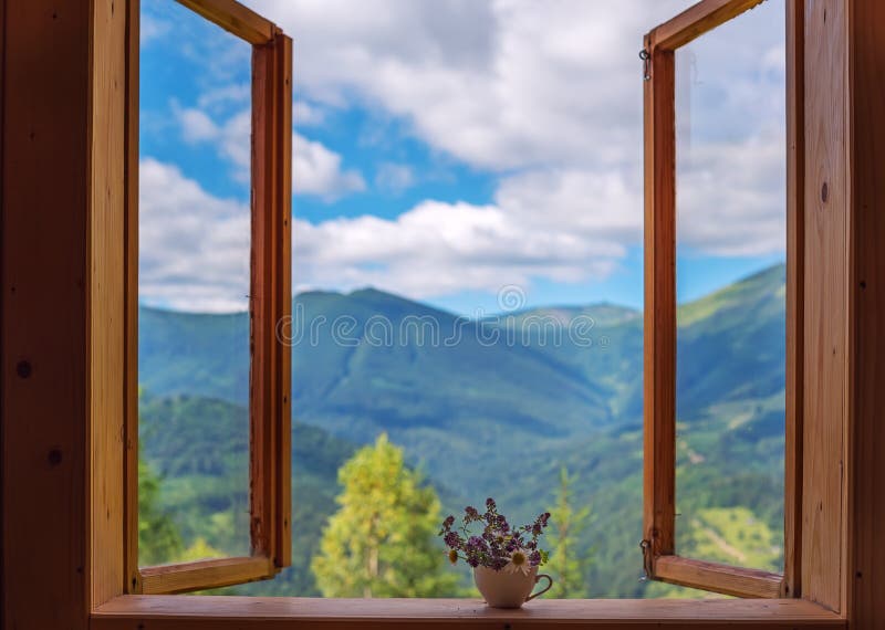 An Open Wooden Window with Fantastic Views of the Mountains and Forests ...