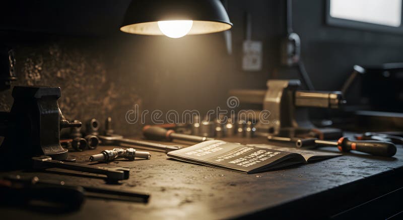 Workshop Manual on Workbench with Tools Under Lit Hanging Lamp Stock Image - Image of lighting ...