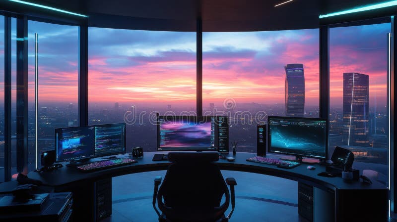 Open Workspace with Panoramic Windows Featuring Advanced Tech Setups ...
