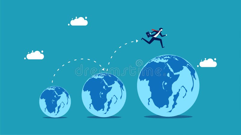 Open the World of Business. Businessman Running on the Growing World ...