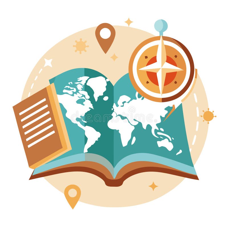 Open World Map Book with Compass, Pin Pointers and Dotted Route. Stock ...