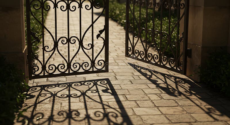 Open Wrought Iron Gate on Stone Path Stock Illustration - Illustration ...
