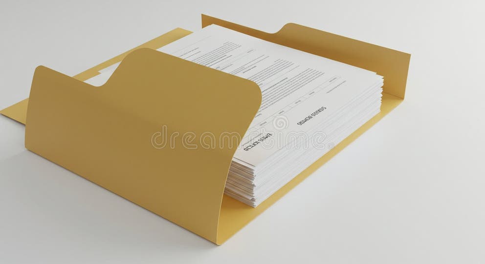 An Open, Yellow, Cardboard File Folder Containing a Neatly Stacked Pile ...
