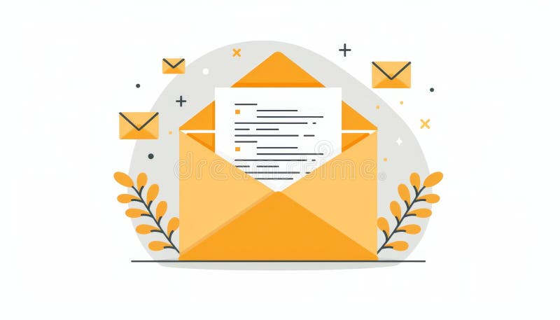 Open Yellow Envelope and Document, Minimalist Design on White, Email ...