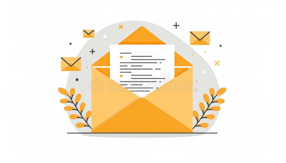 Open Yellow Envelope and Document, Minimalist Design on White, Email ...