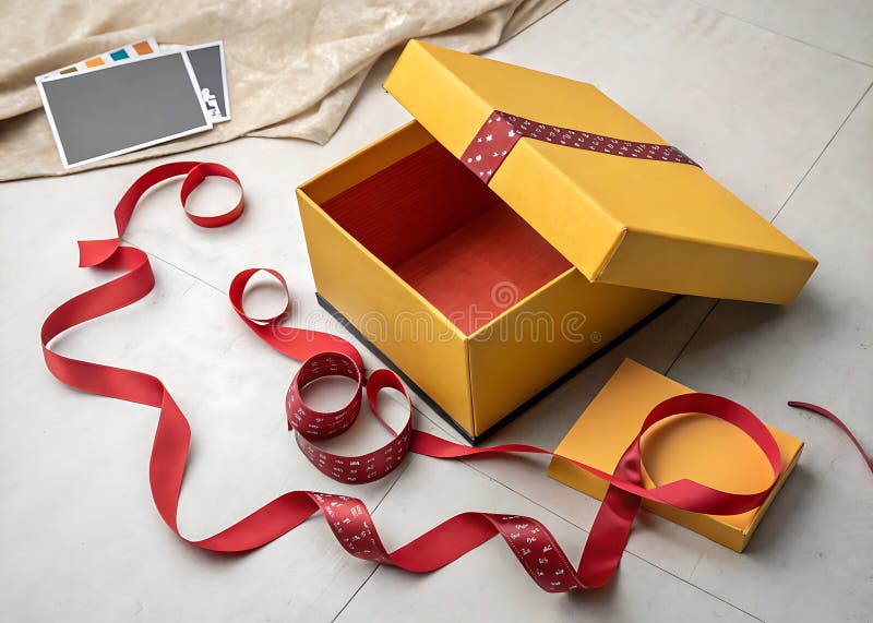 Open Yellow Gift Box with Red Ribbon on Floor Stock Photo - Image of ...