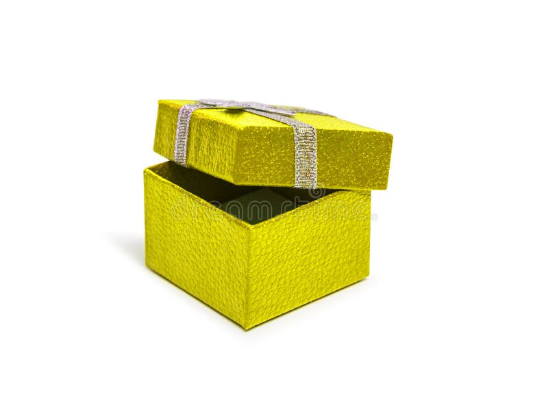 Open Yellow Gift Box with Silver Ribbon Isolated on White Background ...