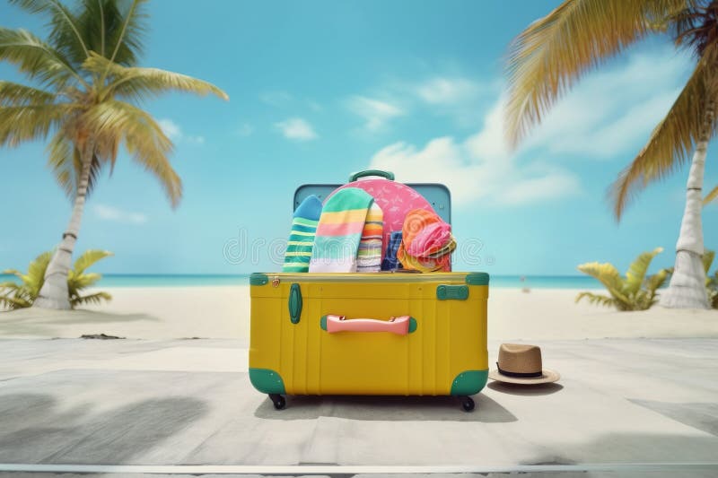 Open Yellow Suitcase on Wheels for Tourism, Travel on the Beach with ...