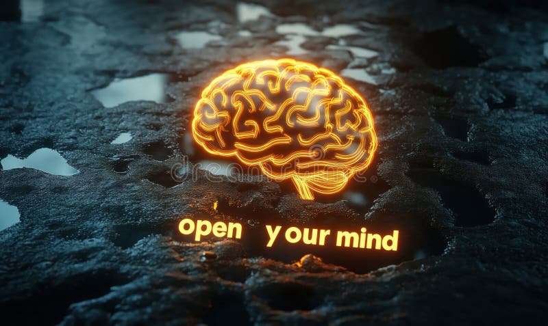 Open Your Mind Neon Brain Illustration on Dark Textured Surface ...
