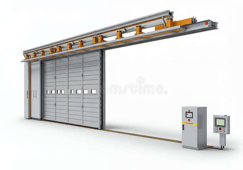 Opened Aircraft Hangar Door Gray and Orange Control Panel Side View ...