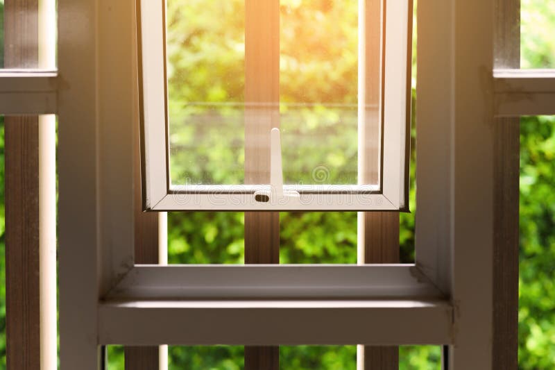 Opened Aluminium Window with Latch Handle Stock Image - Image of office ...