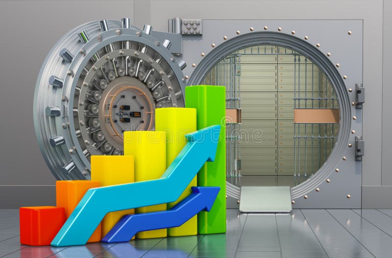 Opened Bank Vault with Growing Charts. Analytical Banking Concept, 3D ...