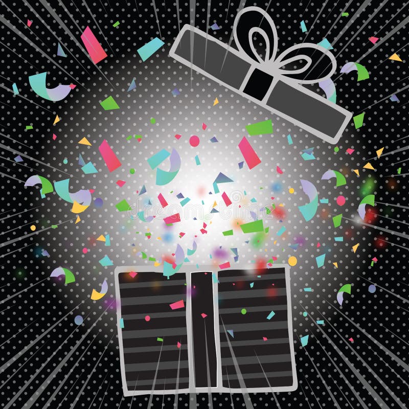 Opened Birthday Gift Box with Bow Ribbon and Colorful Confetti Stock ...