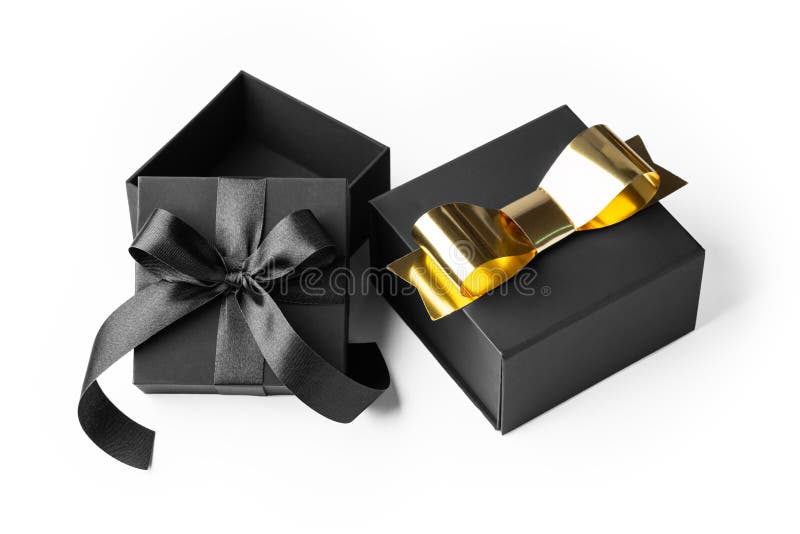 Opened Black Gift Box and Present with Gold Bow Isolated on White ...