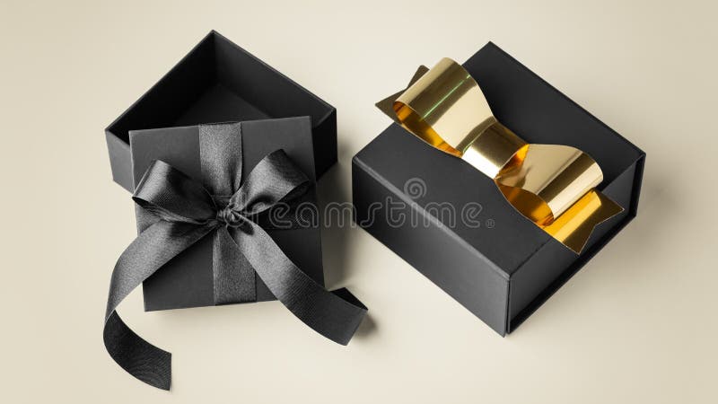 Opened Black Gift Box and Present with Gold Bow on Gold Background ...
