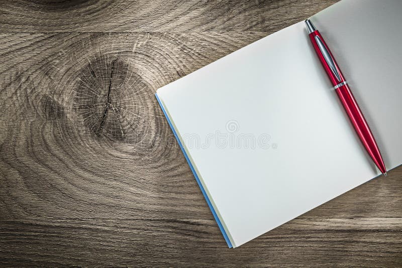 Opened Blank Notebook Ballpoint Pen on Wooden Board Stock Photo - Image ...