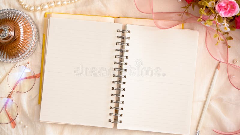 Opened Blank Notebook on Beautiful Pink and White Feminine Workspace ...