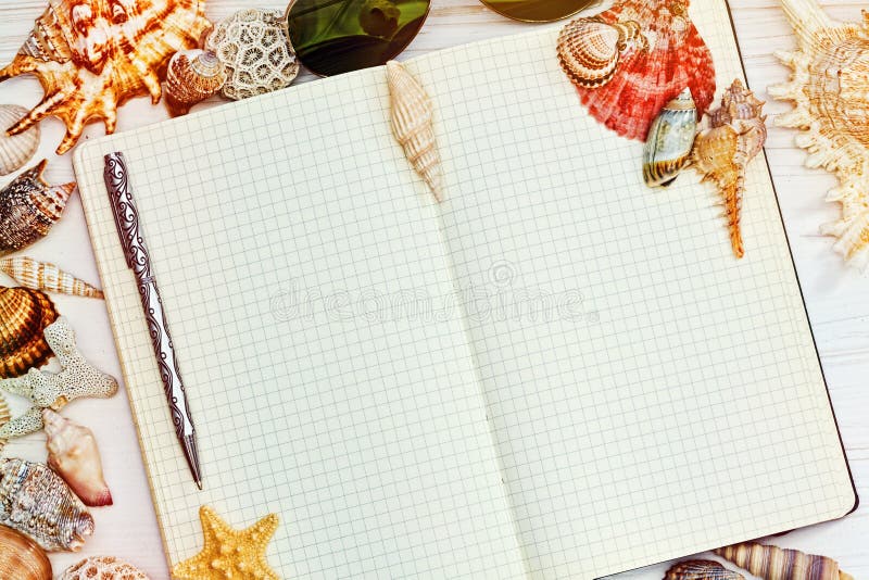 Opened Blank Notebook Surrounded by Sea Shells Stock Image - Image of ...