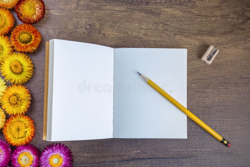 Opened Blank Page Notebook on Wood Table with Pencil , Sharpener Stock ...
