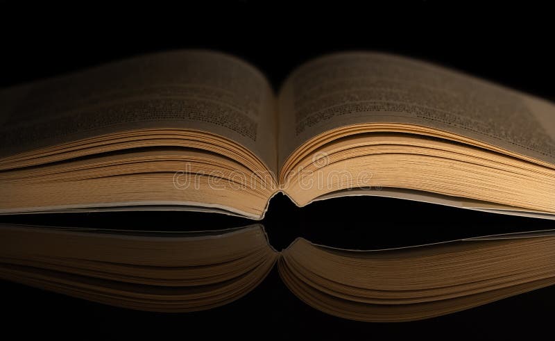 Book. Opened. Vintage. Side. Light. Reflection. Black Stock Image ...