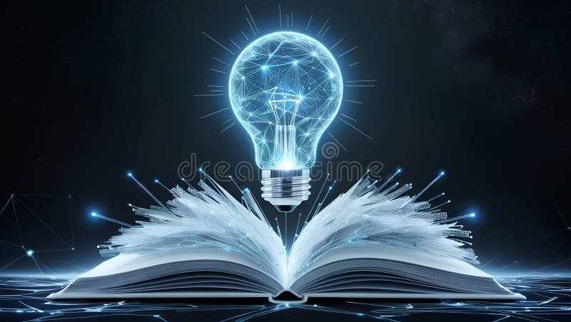 Opened Book with Blue Light Bulb Digital Art, Ideas, Innovation ...