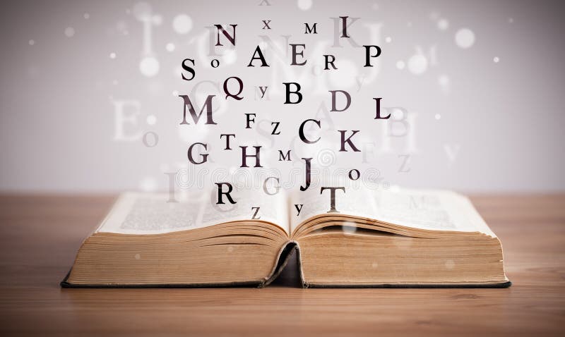 Opened Book with Flying Letters Stock Image - Image of study, library ...