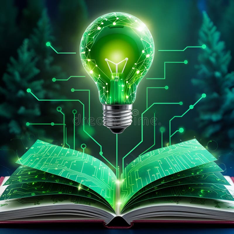 Opened Book with Green Light Bulb Digital Art, Ideas, Innovation ...