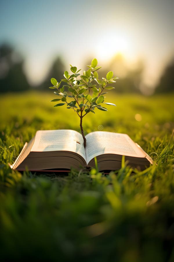 Opened Book with Growing Tree in the Spring on a Meadow with Grass ...