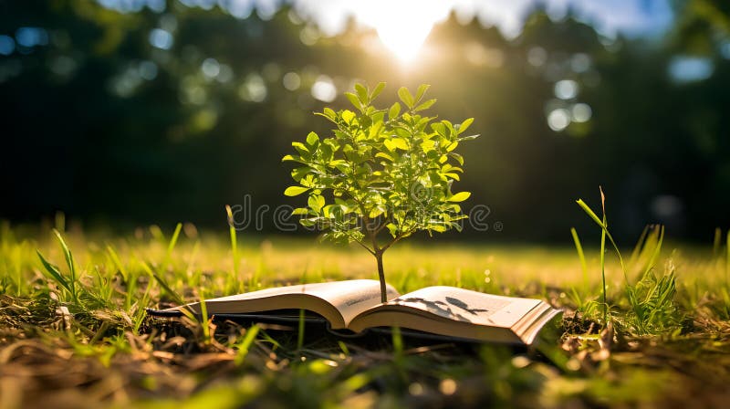 Opened Book with Growing Tree in the Spring on a Meadow with Grass ...