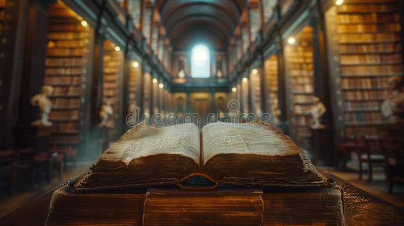 Opened Book in a Historic Library, Yellowed Pages of an Ancient Book ...