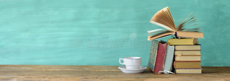 Opened Book on a Pile of Old Books and a Cup of Coffee,education ...