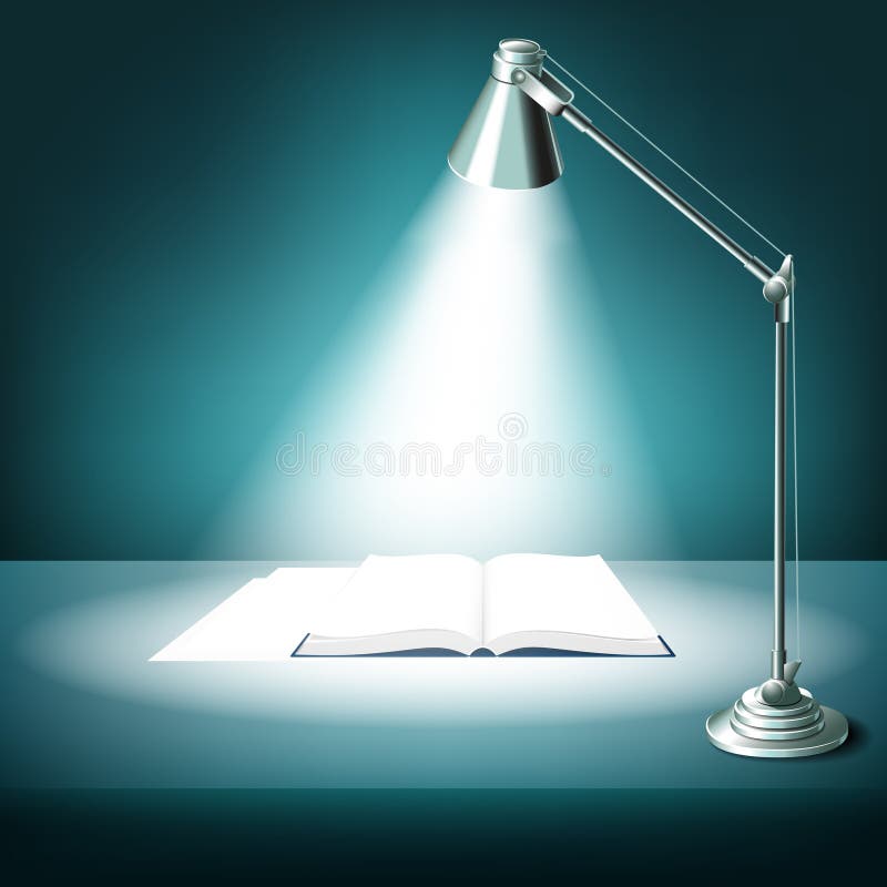 Opened Book on Table with Desk Lamp Stock Vector - Illustration of ...