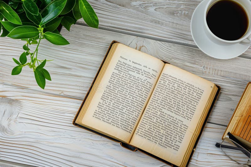 Opened Book on Table with Modern Accessories. Top View. by Genertive Ai ...