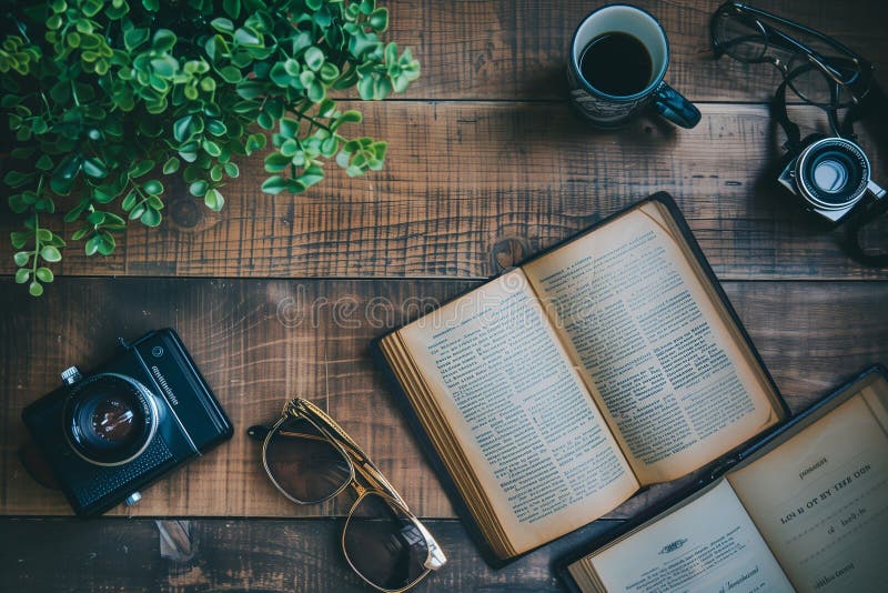 Opened Book on Table with Modern Accessories. Top View. by Genertive Ai ...