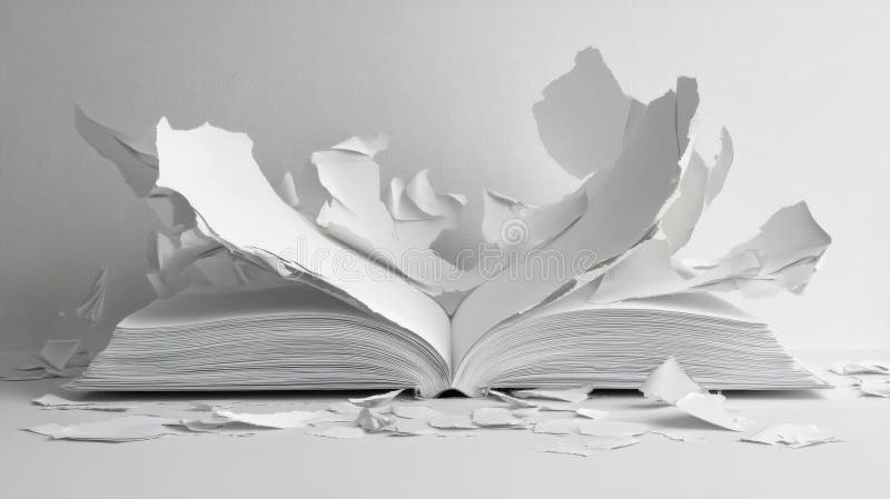 Opened Book with Torn White Pages on Textured Light Silver Background ...