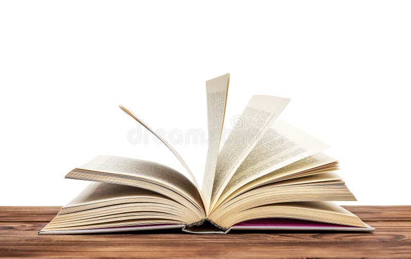 Opened Book on the Wooden Table. Isolated on White Stock Photo - Image ...