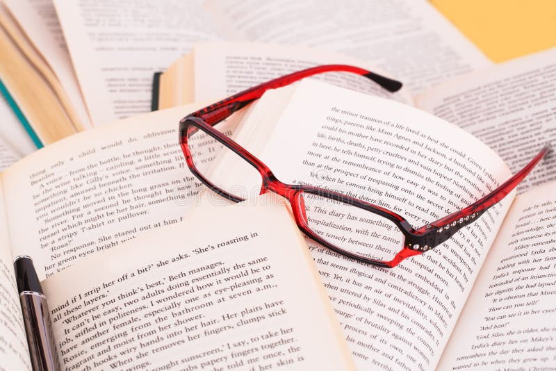 Opened Books, Eyeglasses and Pen Stock Image - Image of library, info ...