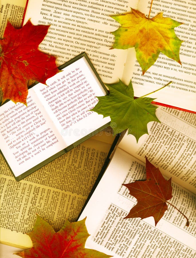 Opened Books and Maple Leaves Stock Photo - Image of research, trial ...